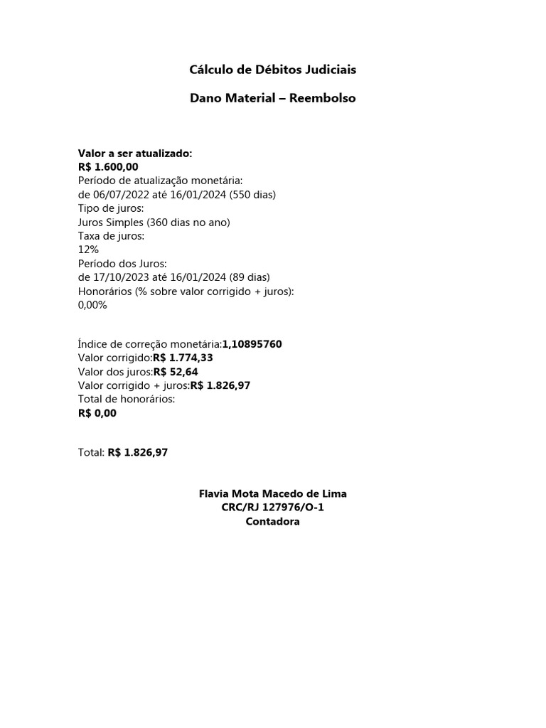 Cálculo de Débitos Judiciais DANO MATERIAL | PDF