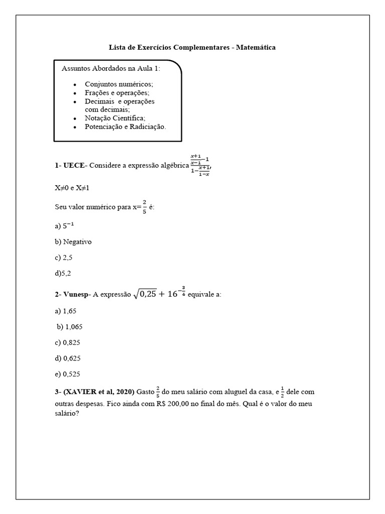 Lista de Exercícios Complementares | PDF | Matemática