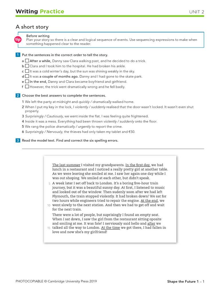 Shape The Future 1 - Writing Practice - Unit 2 - Without Answers | PDF