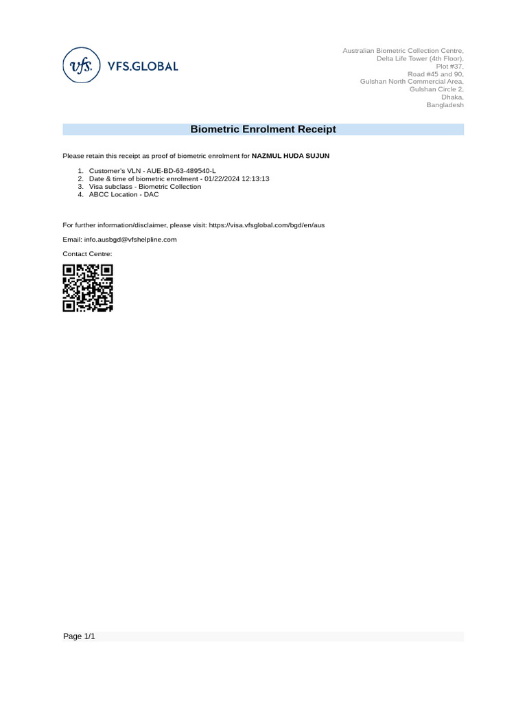 Australian Biometric Centre VLN Details | PDF