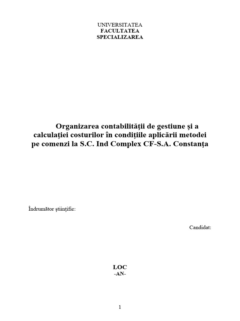 Organizarea Contabilitatii de Gestiune Si A Calculatiei Costurilor in ...