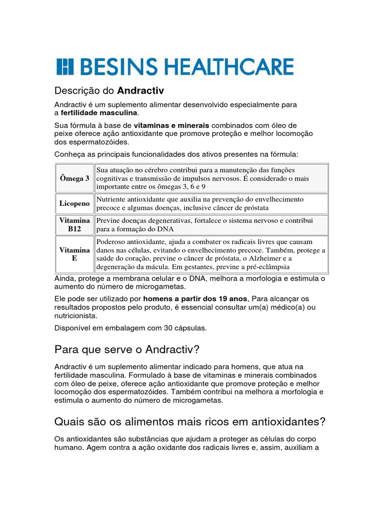 Andractiv: Suplemento para Fertilidade Masculina | PDF | Antioxidante ...