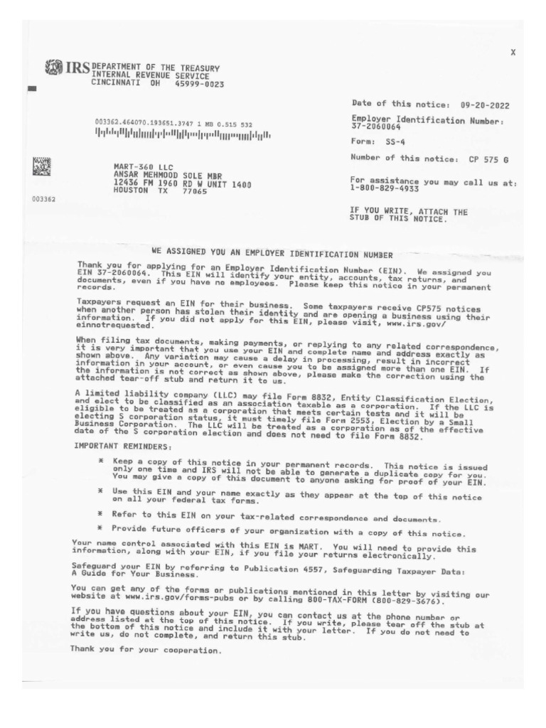 IRS EIN Identification Document.. | PDF