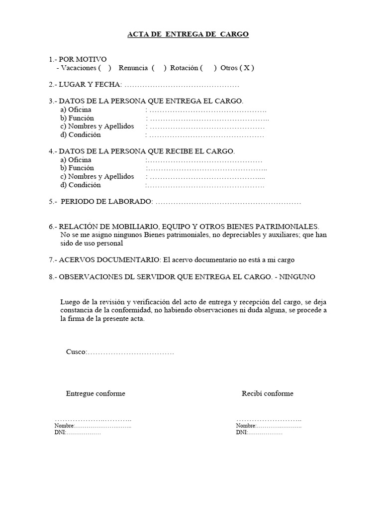 Acta de Entrega de Cargo Ejemplo | PDF
