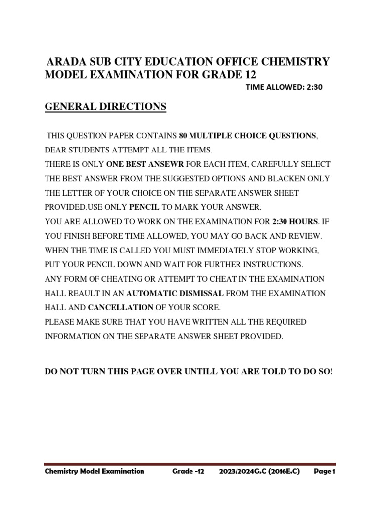 Chemistry G12 Model Exam2016 | PDF | Chemical Bond | Redox