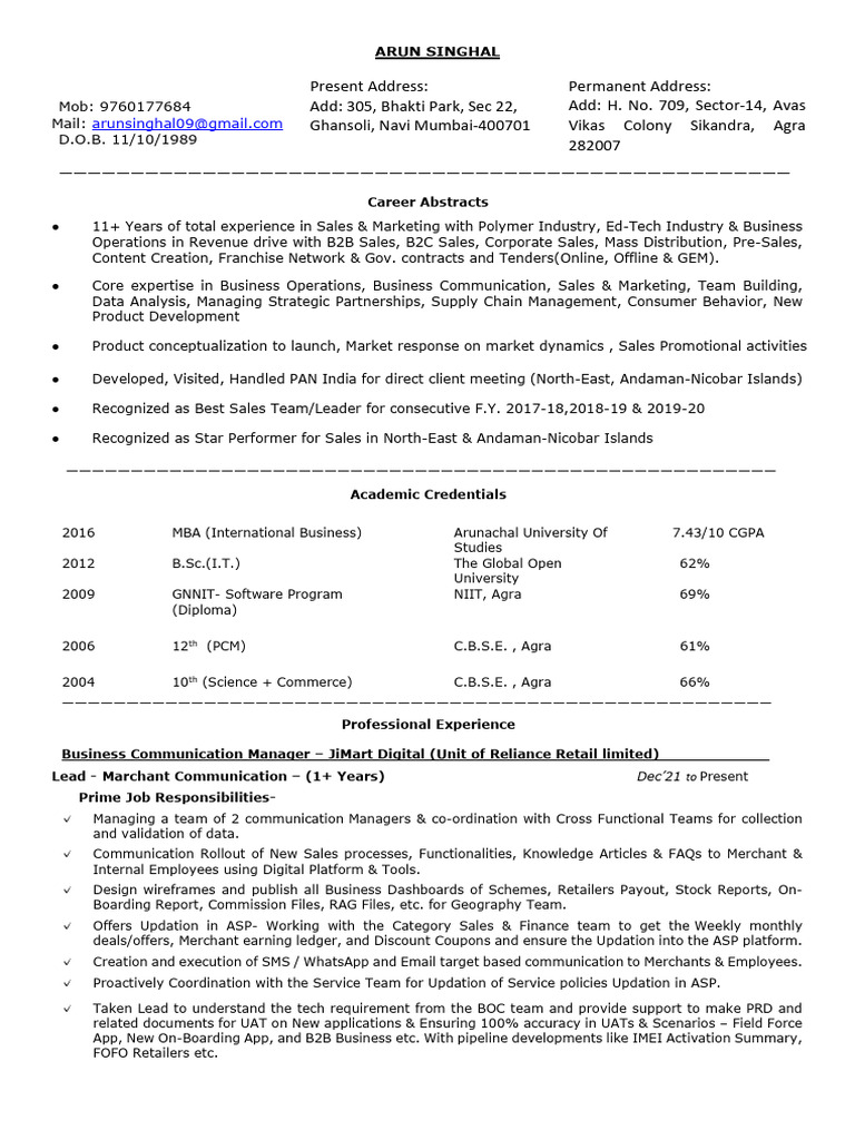 Arun Singhal CV2023 V2 | PDF | Economies | Business