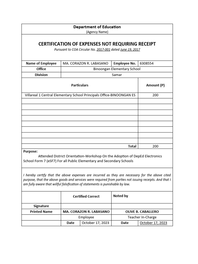 Certification of Expense (Below 300) | PDF | Government
