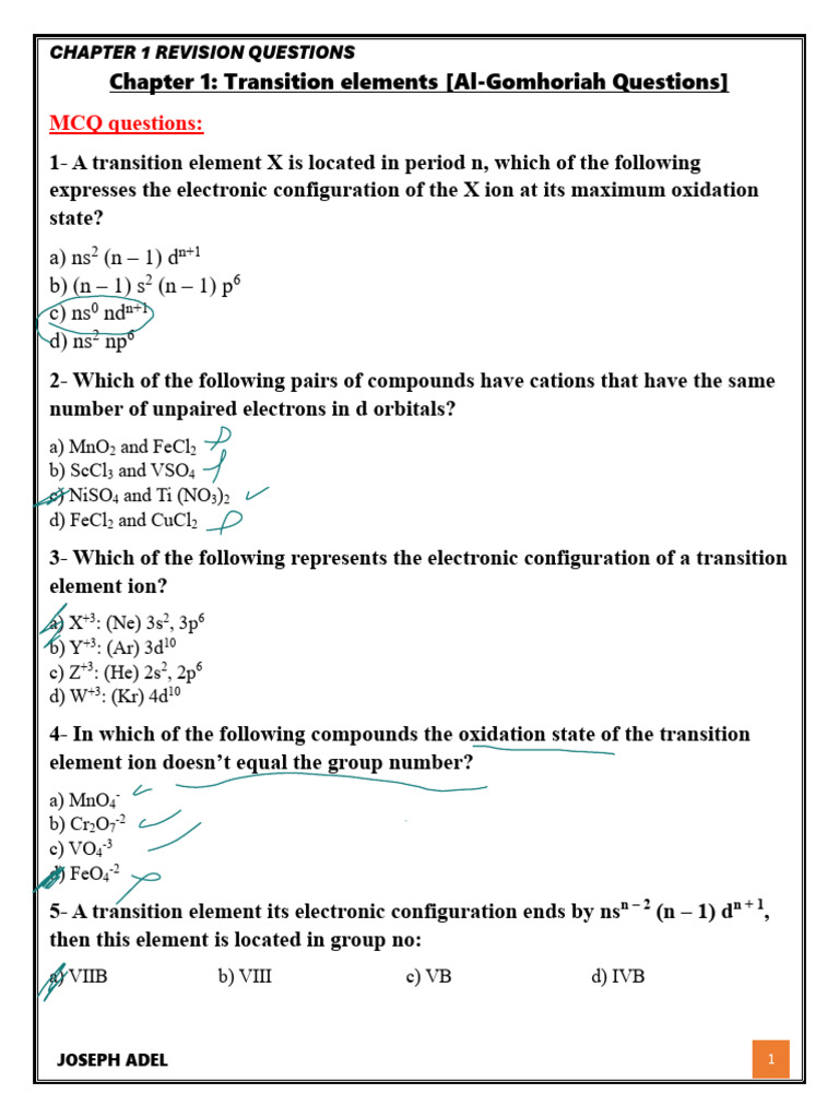 Chapter 1 Transition Elements Al-Gomhoriah Questions | Download Free PDF | Transition Metals | Iron