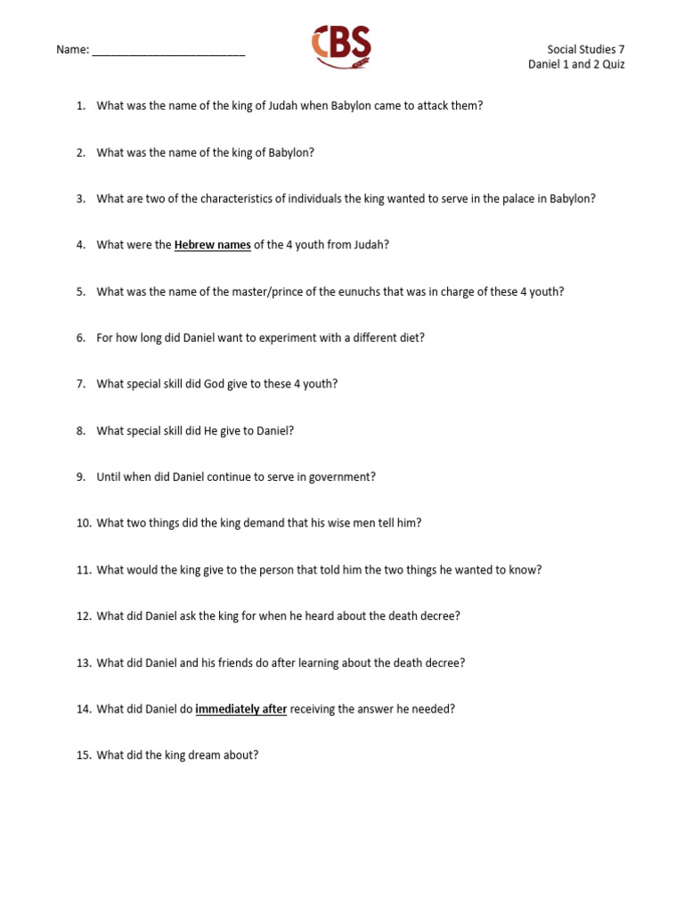 Daniel 1 and 2 Quiz | PDF