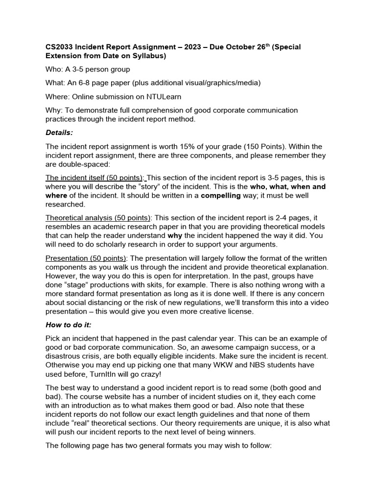 Cs2033f23 Incident Report Assignment Sheet Pdf Theory Communication