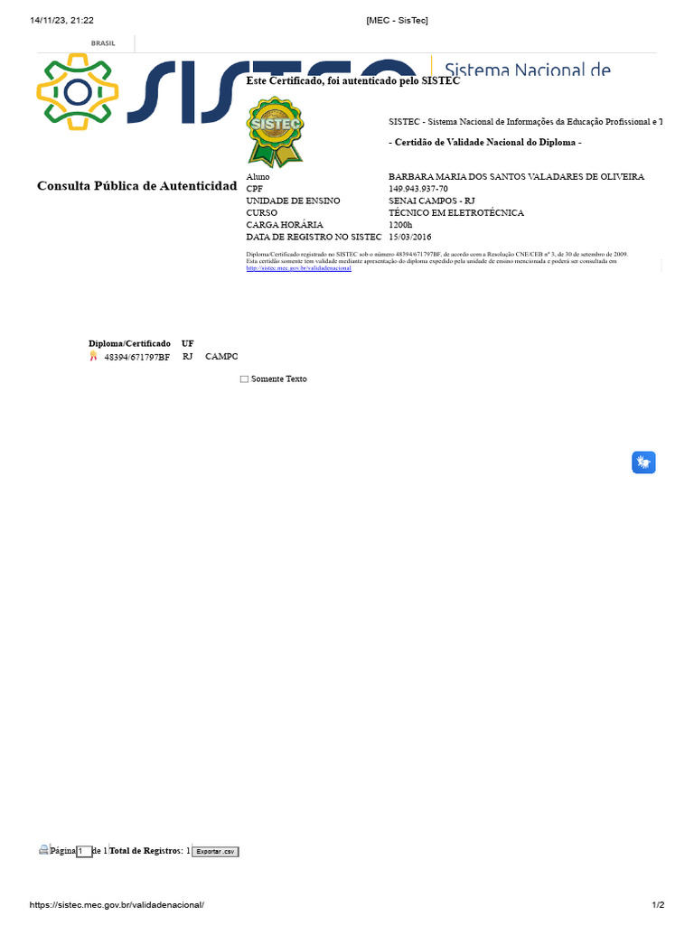 (MEC - SisTec) - Certificado Barbara Maria | PDF