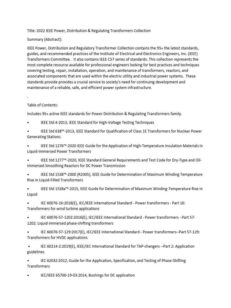 Power Distribution IEEE Standars | PDF | Transformer | Electric Power ...