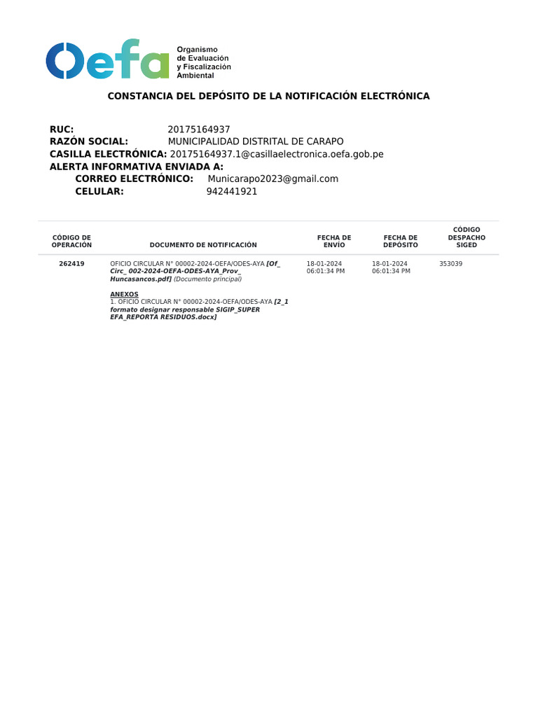 Const OFICIO CIRCULAR N 00002 2024 OEFA ODES AYA | PDF