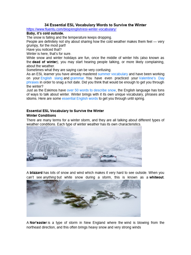 Essential Winter Vocabulary for ESL Learners | PDF | Winter Storm | Snow