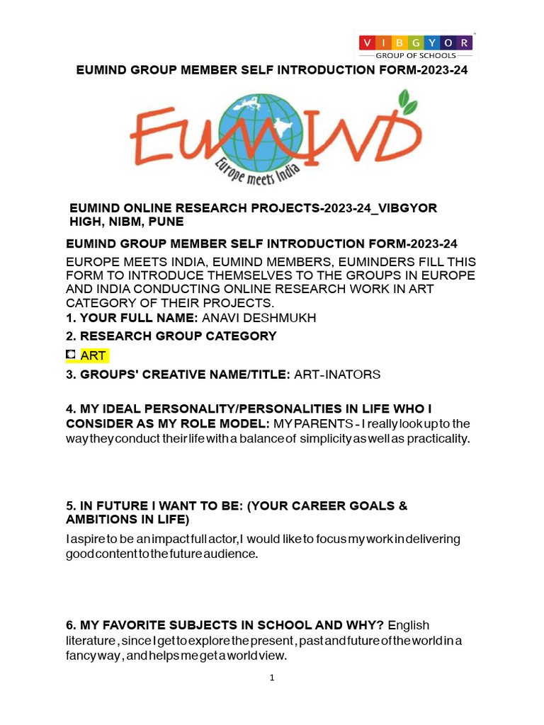 Anavi's Self Intro | PDF | Cognition