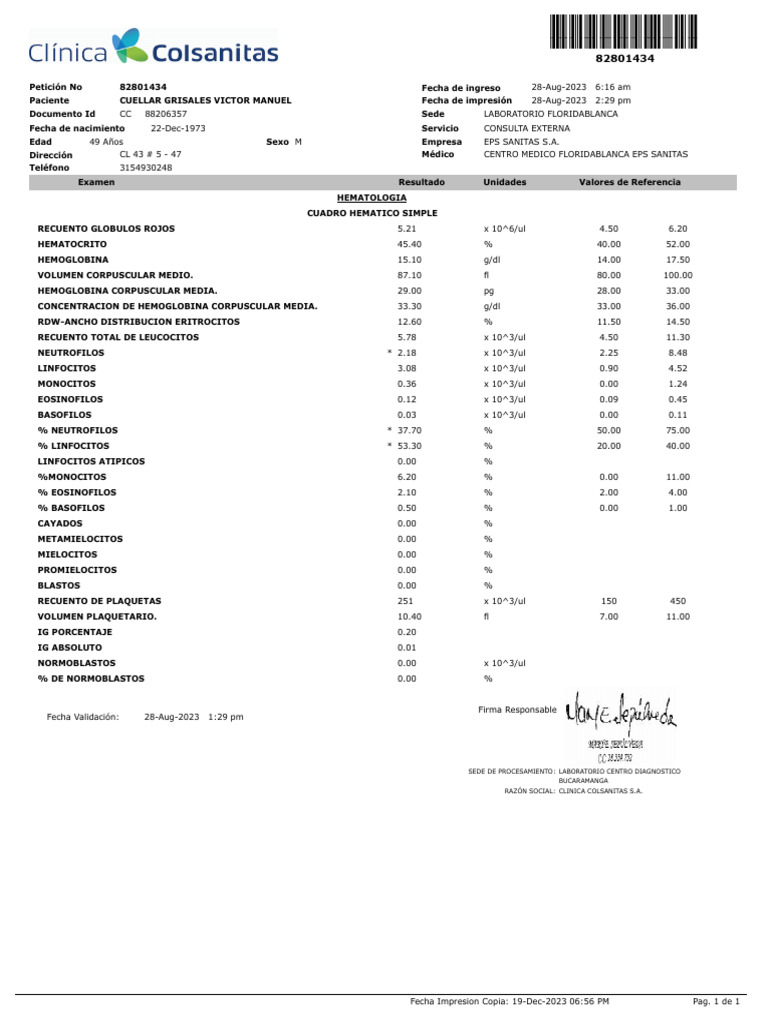 Resultado Laboratorio | PDF | Hematología | Fisiología