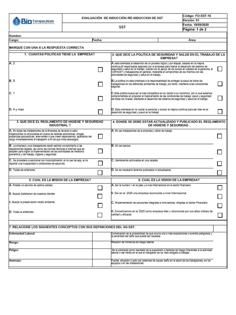 Fo-Sst-16 Examen de Induccion | PDF | Riesgo | Residuos Fo-Sst-16 Examen de Induccion | PDF | Riesgo | Residuos