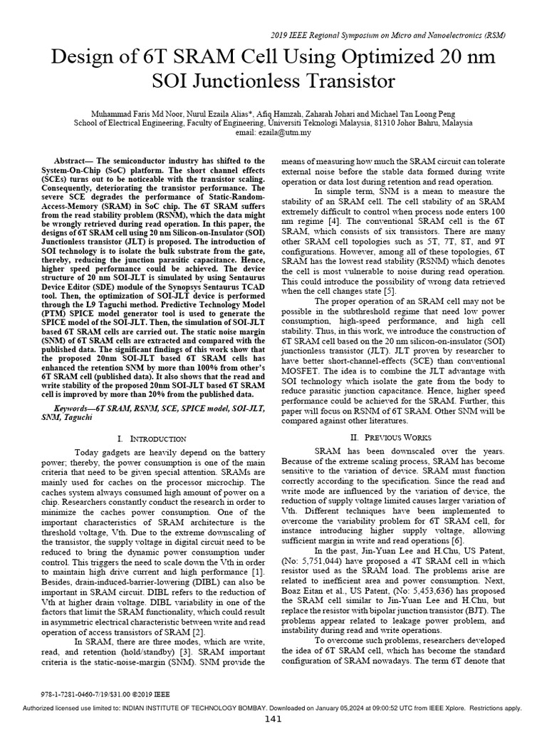 Design_of_6T_SRAM_Cell_Using_Optimized_20_nm_SOI_Junctionless_Transistor | PDF | Field Effect ...