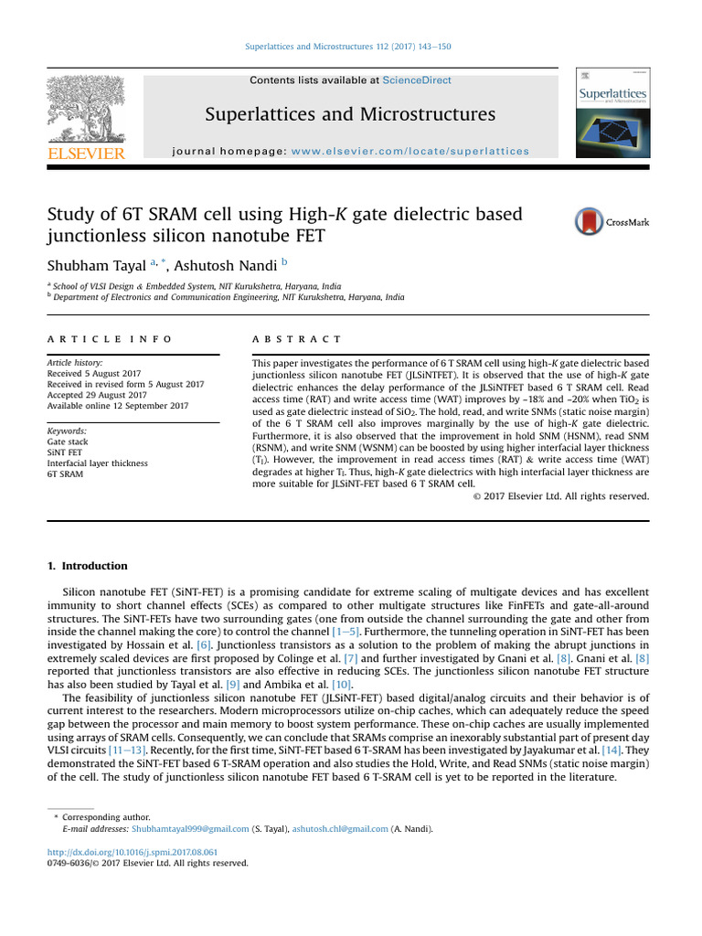 Study of 6T SRAM Cell Using High-K Gate Dielectric Based Junctionless Silicon Nanotube FET | PDF ...