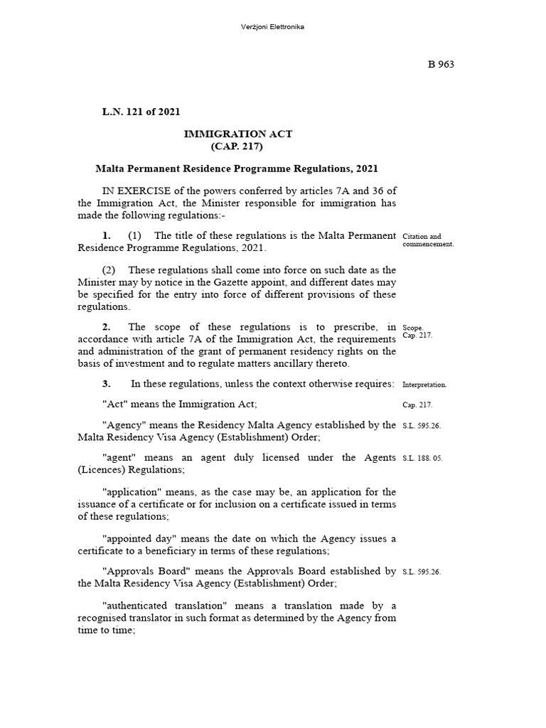 L.N. 121 of 2021 Immigration Act (CAP. 217) Malta Permanent Residence ...