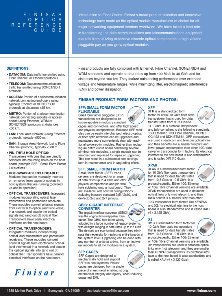 HZV1P3 Finisar Optics Reference Guide 1 | PDF | Telecommunications ...