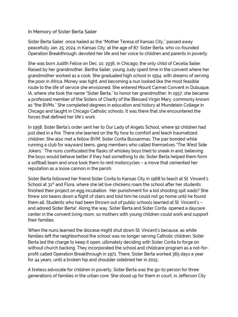 Sister Berta Sailer Obituary | PDF Sister Berta Sailer Obituary | PDF