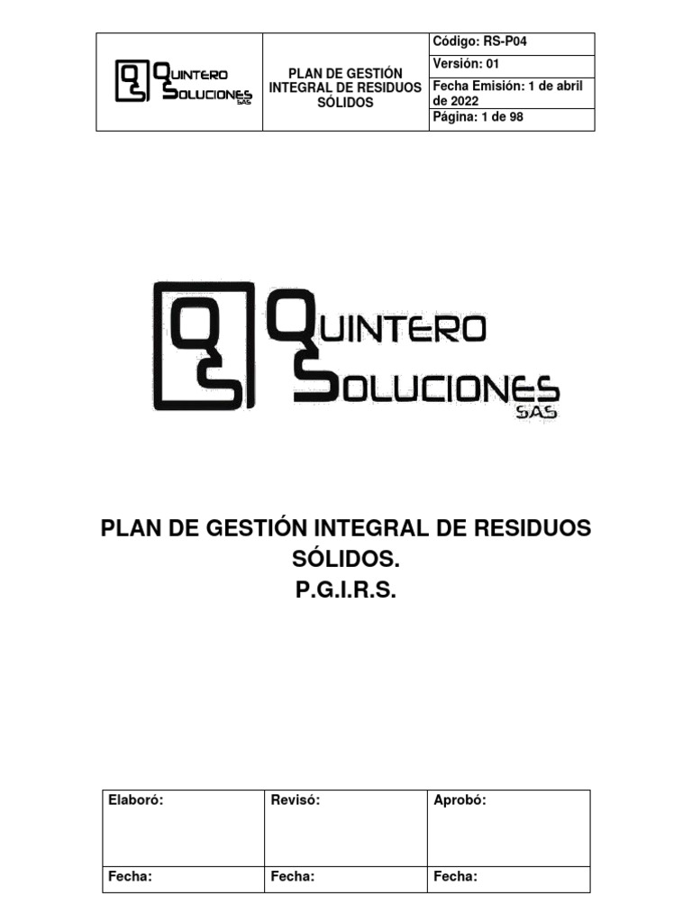 RS-P04 Plan de Gestión Integral de Residuos Sólidos-Quintero Soluciones | PDF
