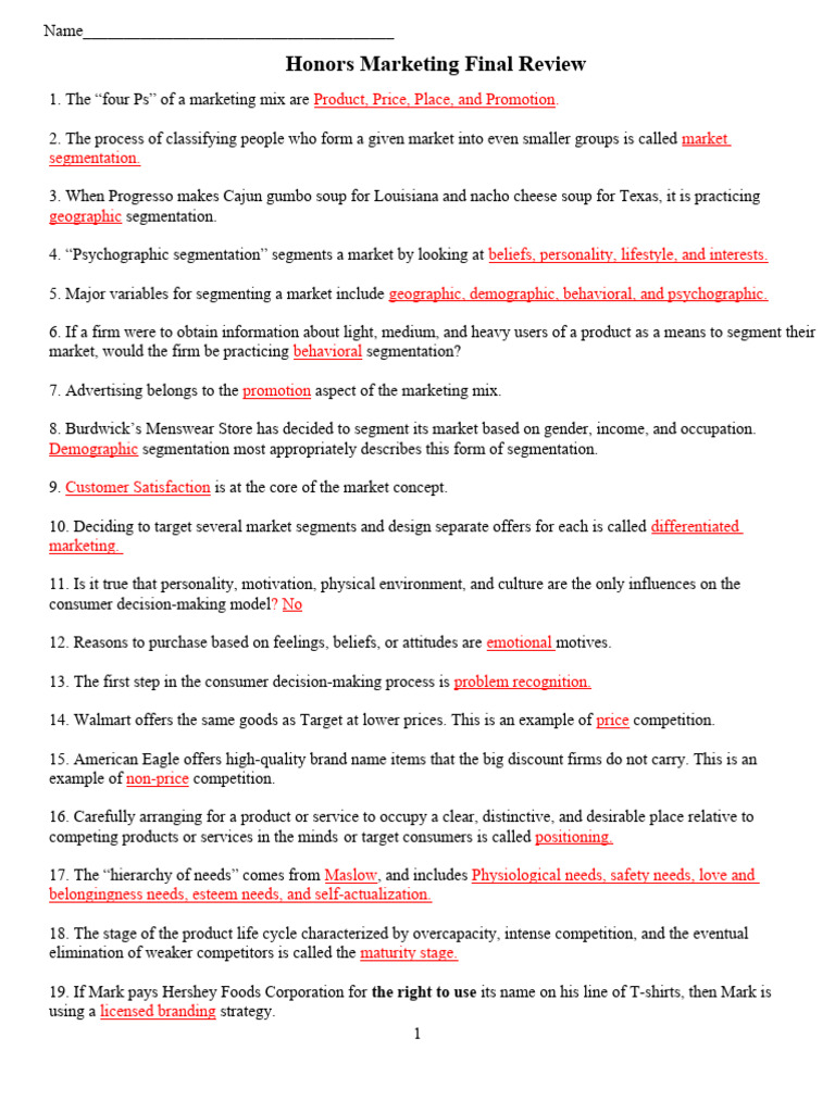 Final Exam For Review SOLUTION | PDF | Market Segmentation | Marketing