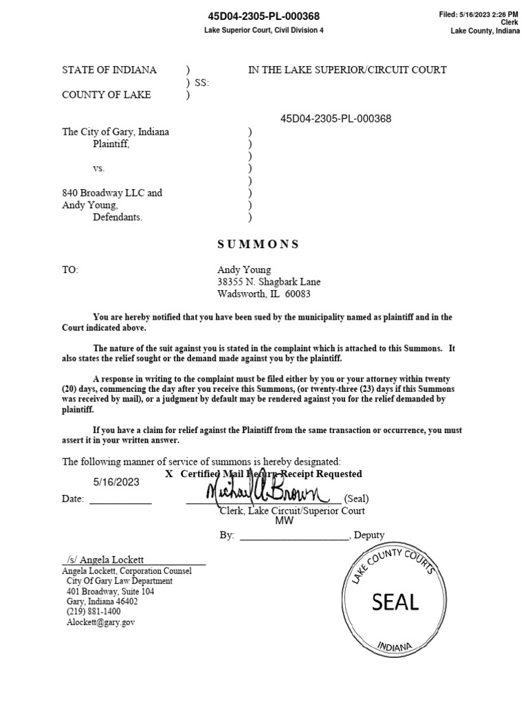 Summons Andy Young PDF | Download Free PDF | Lawsuit | Summons