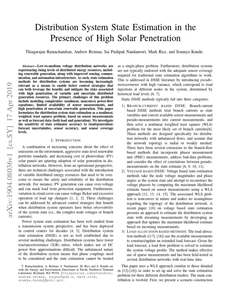 Distribution System State Estimation In Pdf Variance Covariance Matrix