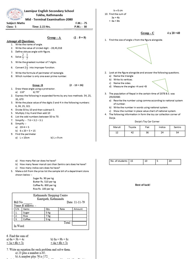 Maths Class 5 Mid Term | PDF | Triangle | Elementary Mathematics
