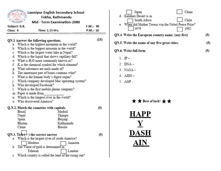 GK Class 6 Mid Term | PDF