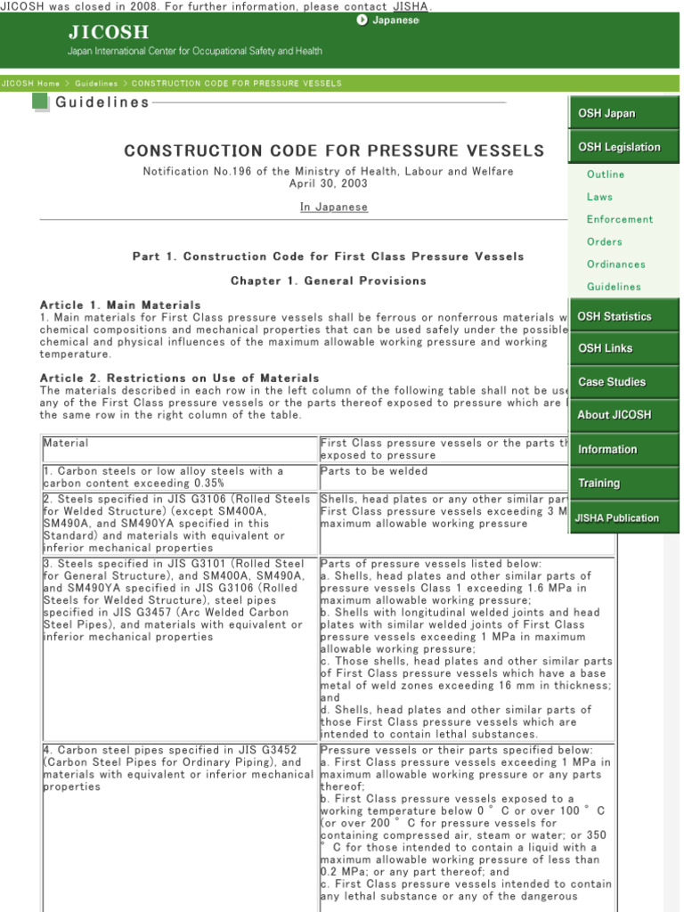 JICOSH Pressure Vessel Construction Code | PDF