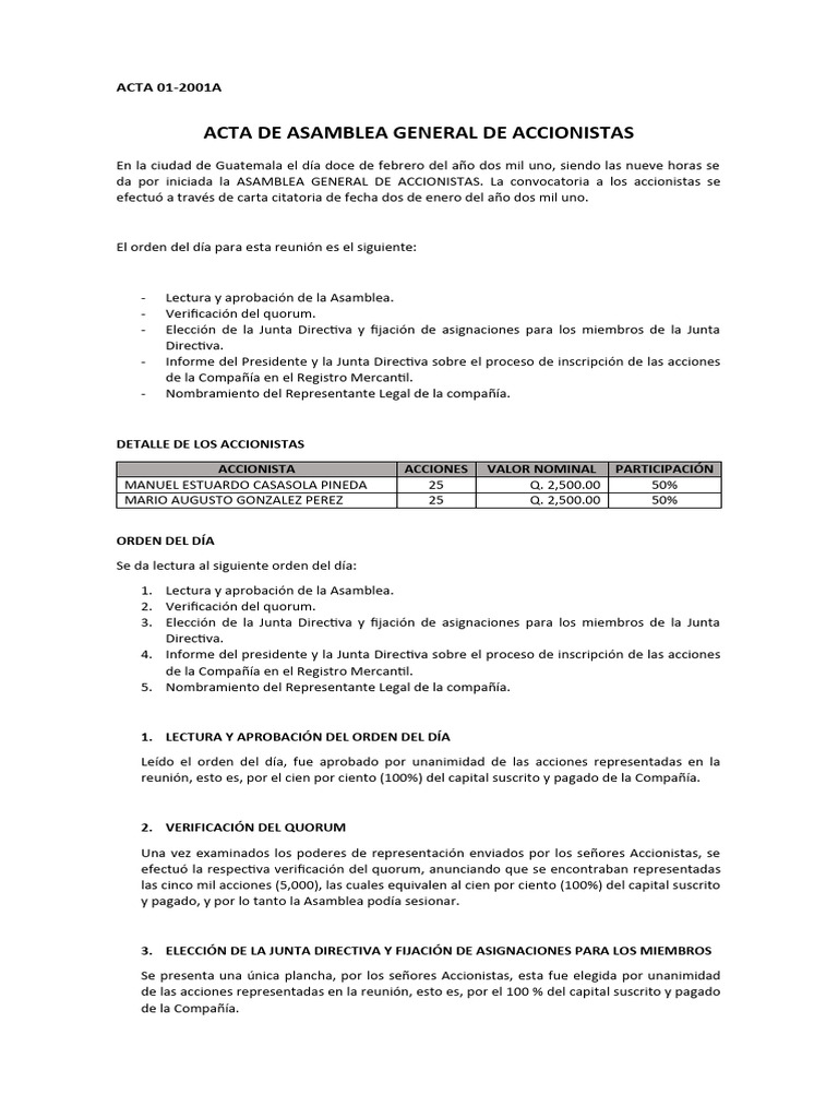 Acta 01 Accionistas | PDF | Gobierno | Eventos políticos
