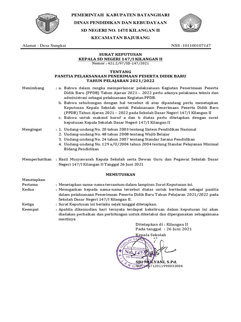 SK Panitia PPDB 2021-2022 | PDF