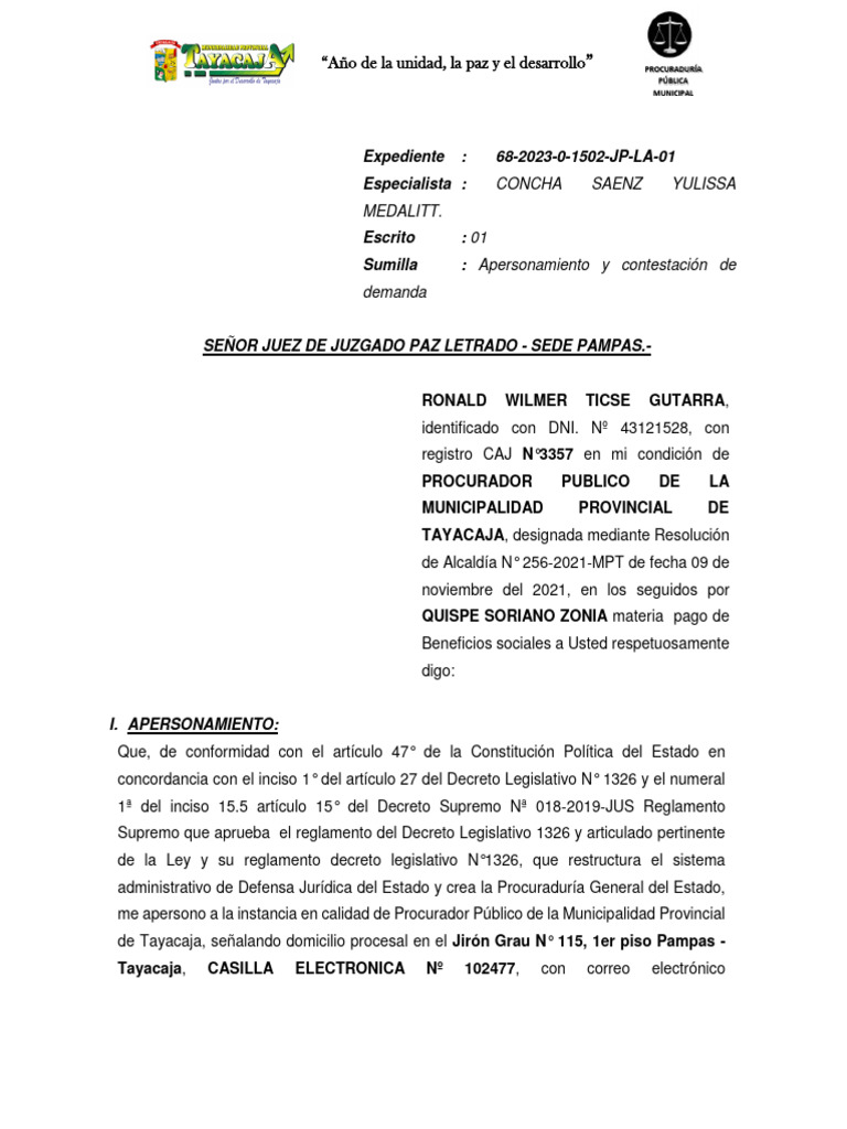 Contestacion de Pago Por Concepto de Asignacion Familiar - Quispe ... Contestacion de Pago Por Concepto de Asignacion Familiar - Quispe ...