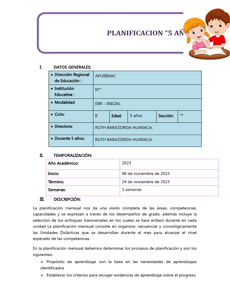 Planificación Mensual para Niños de 5 Años | PDF | Aprendizaje ...