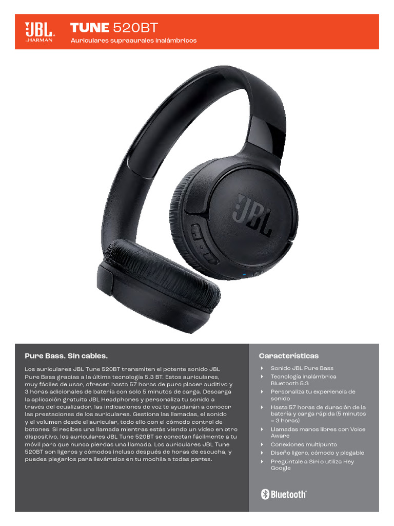 JBL Tune 520BT - Specsheet - ES | PDF | Bluetooth | Auriculares