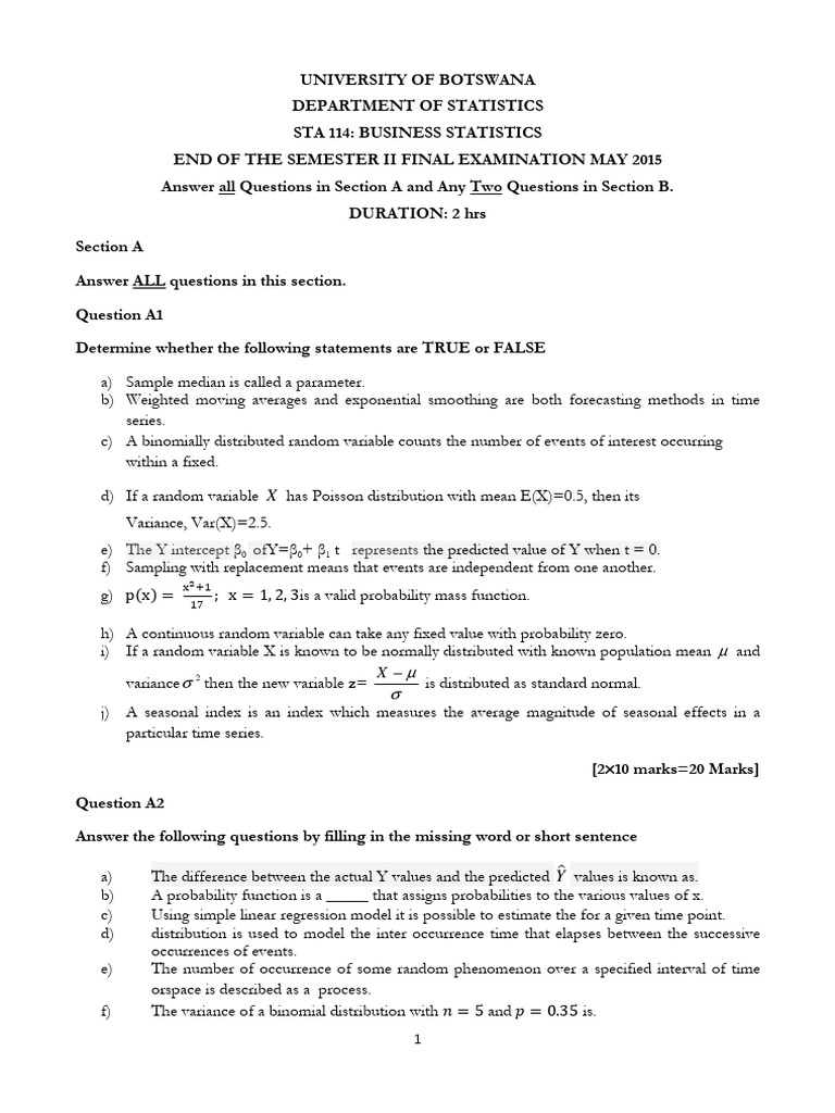 STA 114 Exam Qs and Sol May 2015 | PDF | Variance | Regression Analysis
