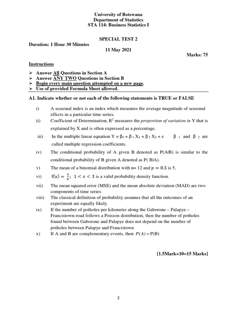 STA 114 Business Statistics Test 2 | PDF | Coefficient Of Determination ...