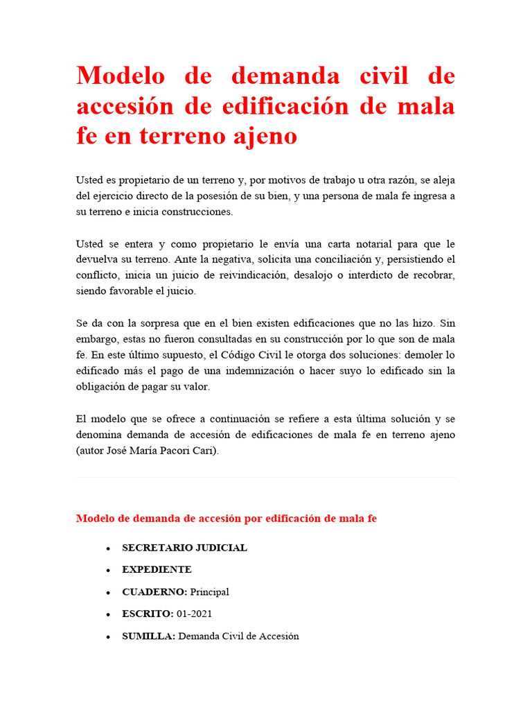 Modelo de Demanda Civil de Accesión de Edificación de Mala Fe en Terreno Ajeno | PDF