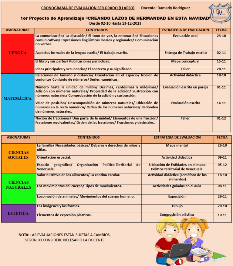 Cronograma de Evaluación 1er Proyecto 3er Grado (I LAPSO) 2023-2024 2 | PDF