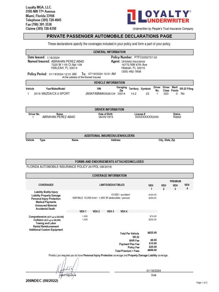 Auto Insurance Declarations | PDF | Insurance | Vehicle Insurance
