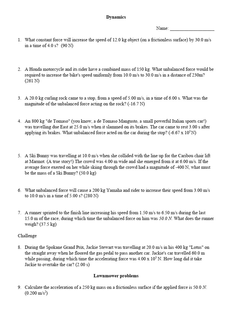 Dynamics Worksheet | PDF
