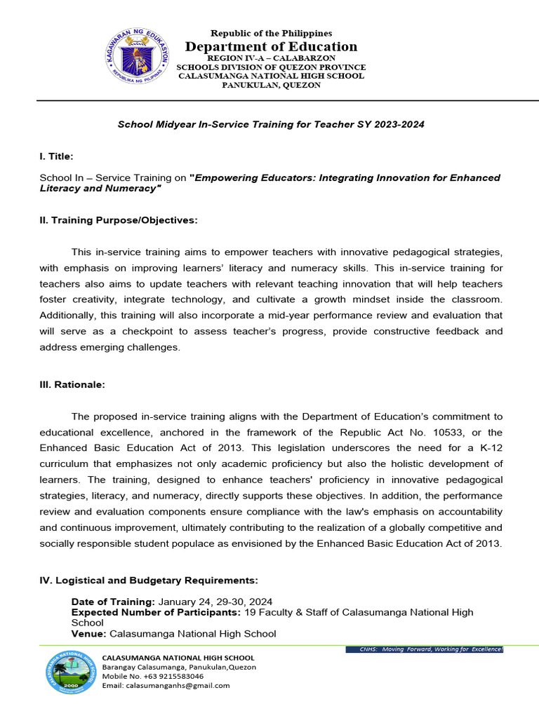 Mid-Year Inset 2024 Training Proposal | PDF | Teachers | Literacy