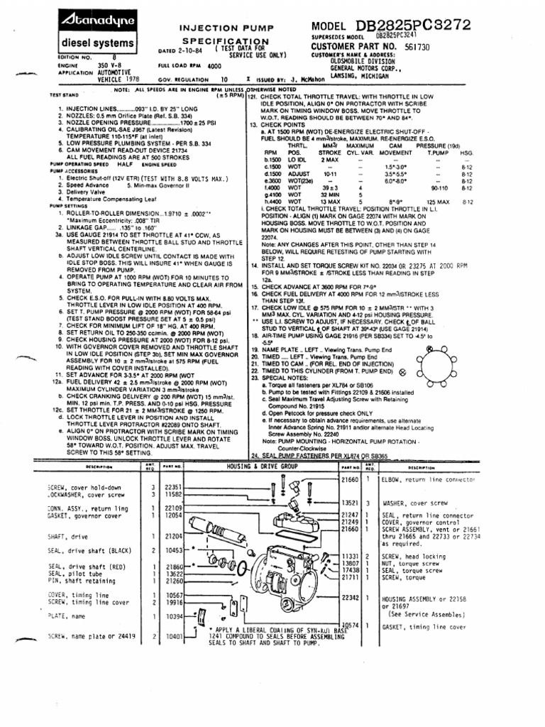 DL B2825PCX272: Customer Part No. 561730 | PDF | Throttle | Pump