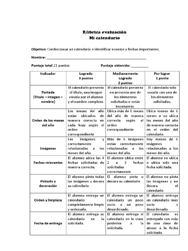 Rubrica Del Calendario Pdf