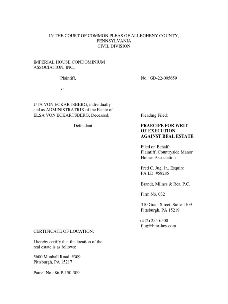 Praecipe For Writ of Execution Against Real Estate | PDF | Legal ...