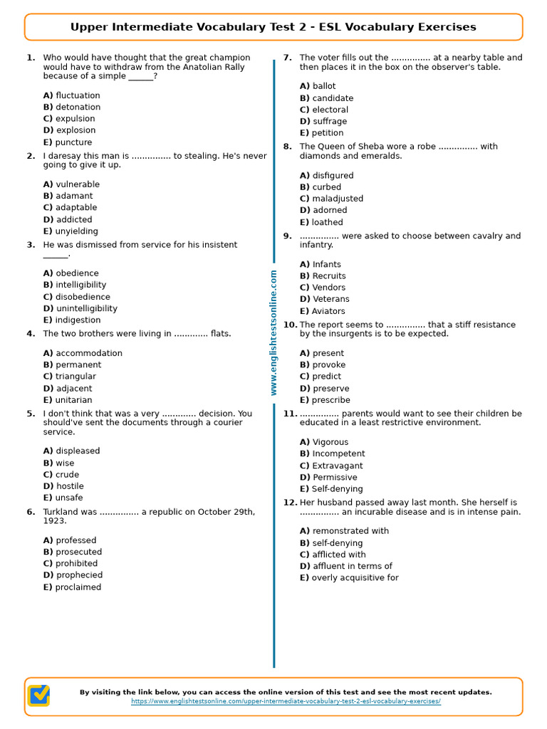 649 - Upper Intermediate Vocabulary Test 2 Esl Vocabulary Exercises | PDF