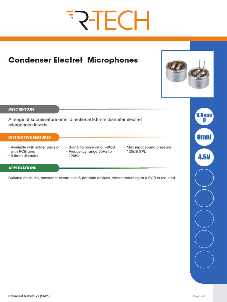 Condenser Electret Microphones: Omni 4.5V | PDF | Microphone | Electrical Engineering